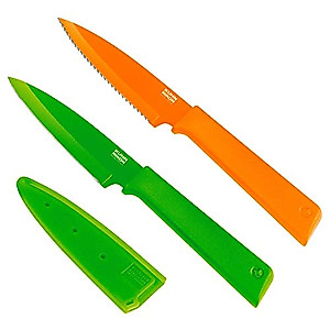 Kuhn Rikon COLORI+ Non-Stick Straight and Serrated Paring Knives with Safety Sheaths, Set of 2, Orange and Green