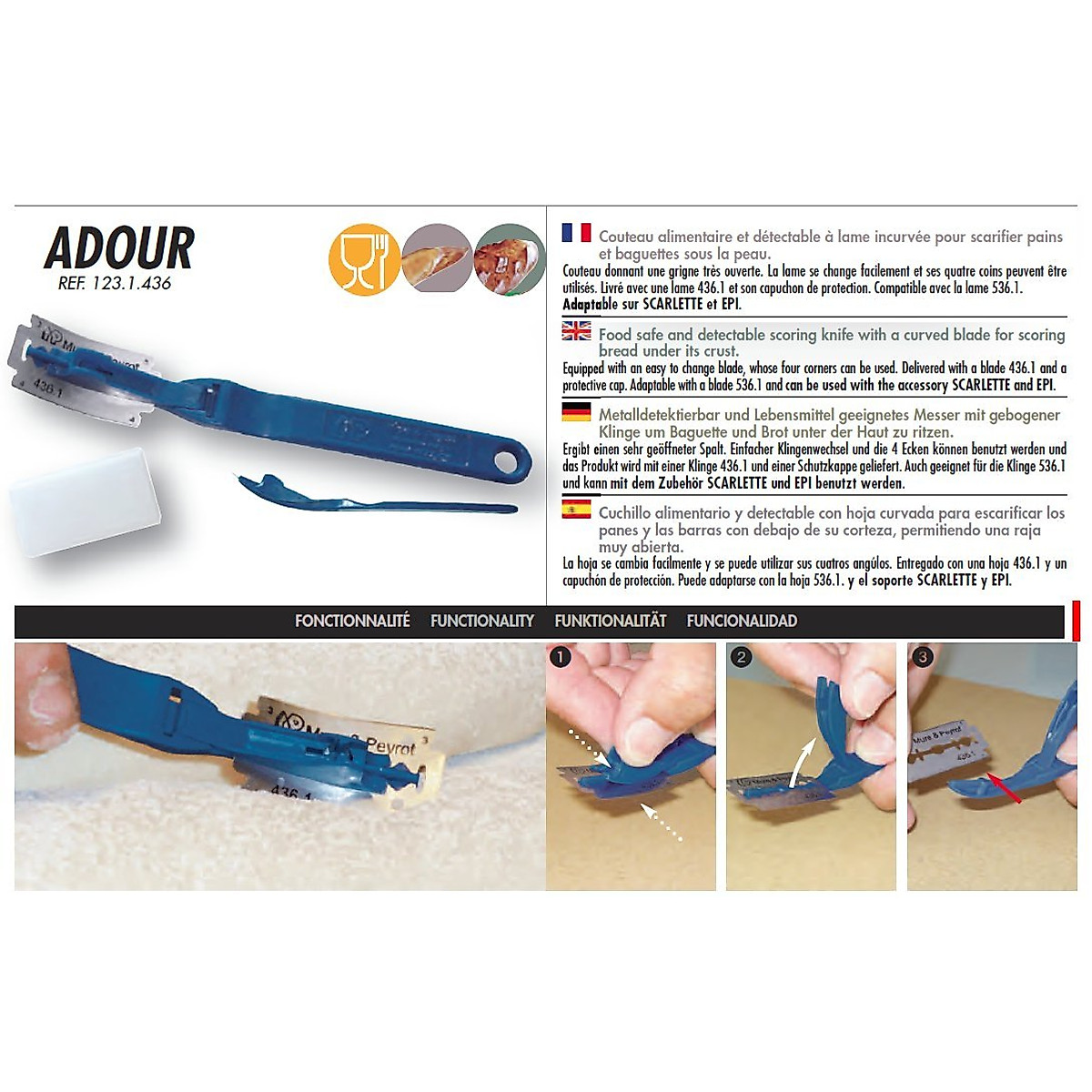 Mure & Peyrot Bread Lame, Made in France, Model Adour, Professional Dough Scoring Tool with Safe Locking Mechanism, One Protective Cover, and One Blade Included, Trusted Brand since 1904