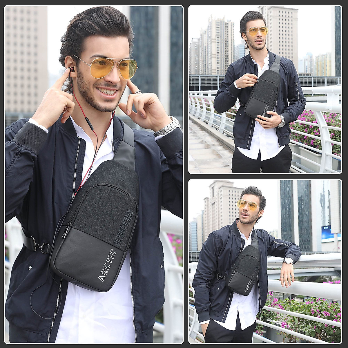 Pinprin Sling Bag Anti-theft Waterproof Crossbody Backpack Multi-pocket Chest Bag with Earphone Hole Shoulder Bag for Men, Hiking, Cycling, Travel