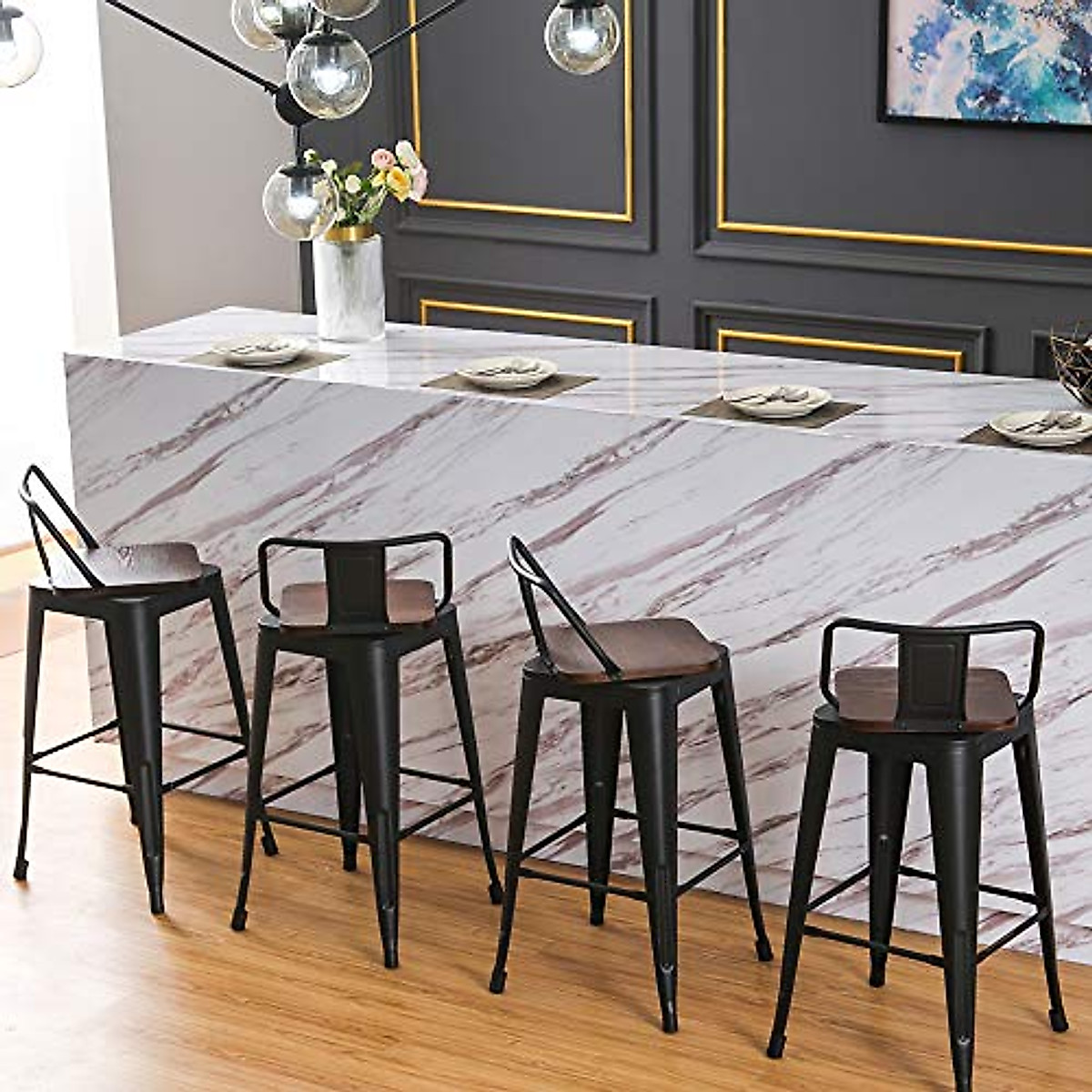 Changjie Furniture Swivel Metal Bar Stools Kitchen Counter Height Stools Industrial Barstools Set of 4 (Swivel 24 inch,Matte Black Wooden)