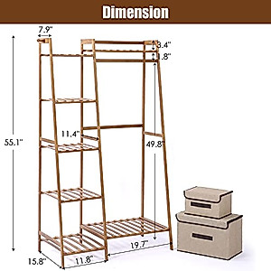 Bamboo Garment Rack with Shelves, Storage Box Set Included, Clothing Racks with Hooks, Clothes Rack Storage Organizer, Clothes Rack with Shelf, Space Saving Clothes Rack, Multifunctional Plant Rack