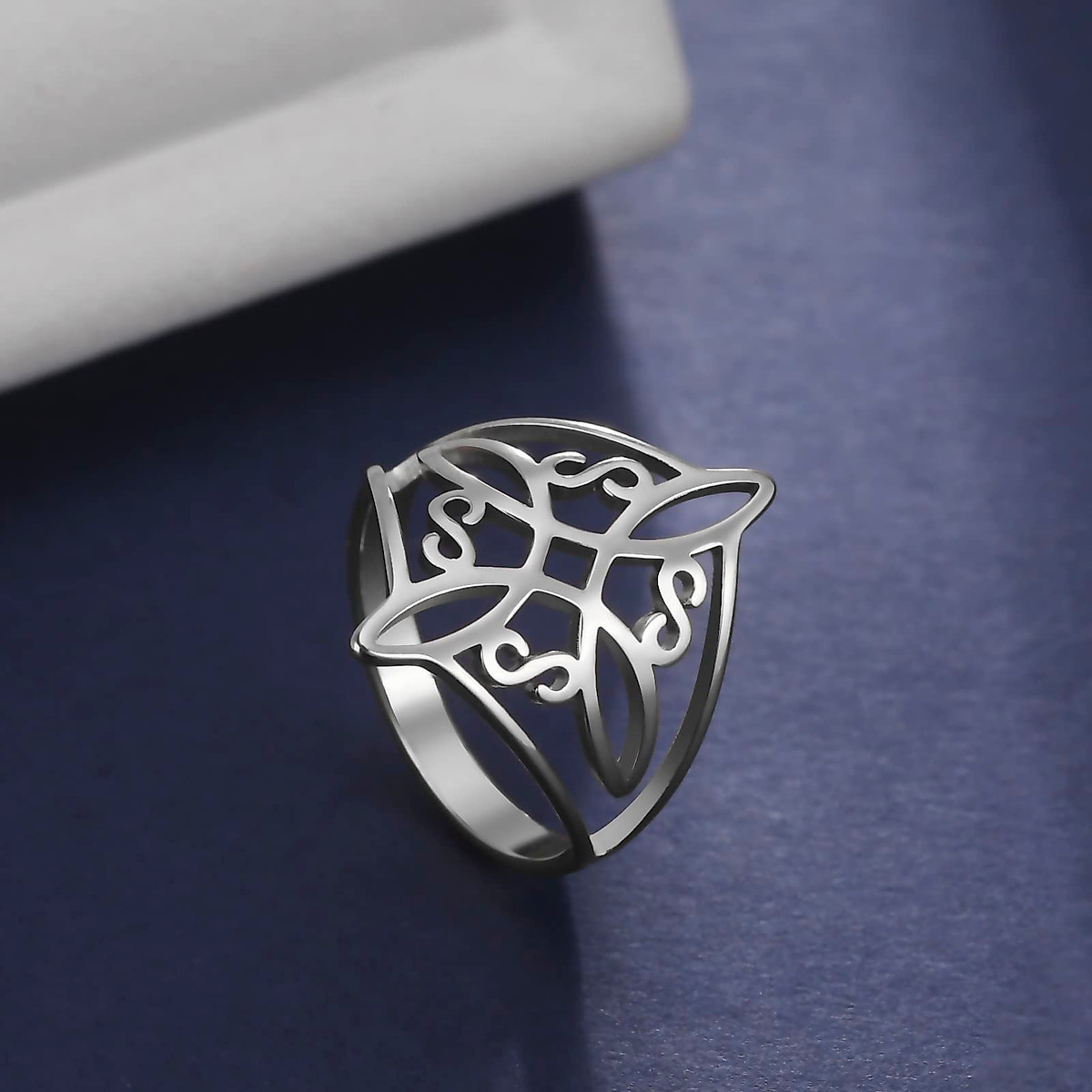 TEAMER Witches Knot Ring Stainless Steel Witchcraft Celtic Amulet Ring Geometric Celtic Knot Ring Vintage Jewelry For Women (8, Style 2 -Silver)