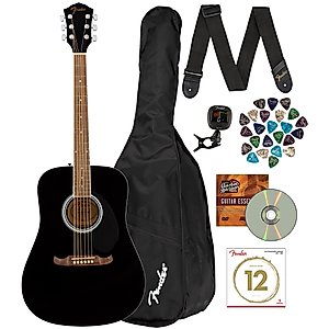 Fender FA-125 Dreadnought Acoustic Guitar - Black Bundle with Gig Bag, Tuner, Strap, Strings, Picks, and Austin Bazaar Instructional DVD