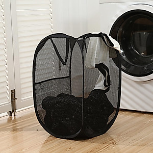 Clasoul pop up hamper with a handle, portable foldable laundry basket. The mesh laundry basket is breathable and moisture-proof, and the large capacity pop up laundry is suitable for home（black）