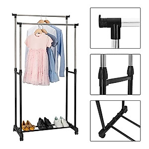 Karl home Adjustable Clothes Rack on Wheels Standard Double Rod, Simple Freestanding Garment Rack Rolling Metal Clothing Organizer for Coat Hanging Dorm Bedroom Black Silver
