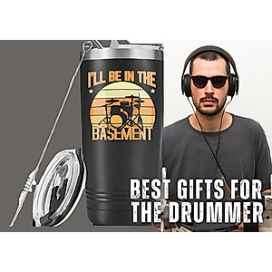 Onebttl Funny Drummer Gifts For Men, Women, Music Lover Gifts for Drummers, 20 oz/590 ml Stainless Steel Insulated Tumbler with Straw, Lid, I'll Be in the Basement