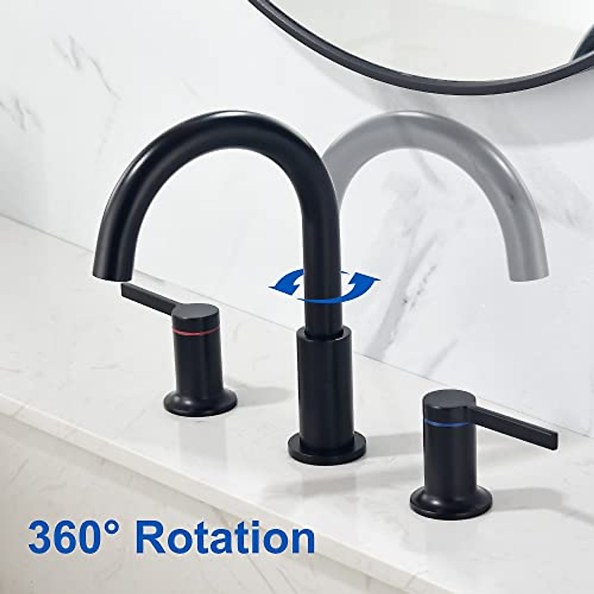 SHAMANDA Bathroom Vanity Sink Faucet 3 Holes, Mordern 2 Handle 8 Inch Widespread Bathroom Lavatory Basin Taps Brass, Valve and cUPC Water Supply Hoses Included, Matte Black, LB106-7
