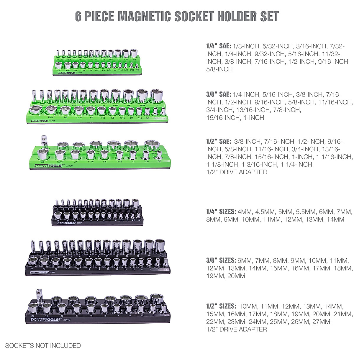 OEMTOOLS 22488 6 Pack Set Metric and SAE Magnetic Socket Tray Set, Black and Green Socket Organizers, 1/4, 3/8, 1/2 Inch Drive Socket Organizer Tray Set