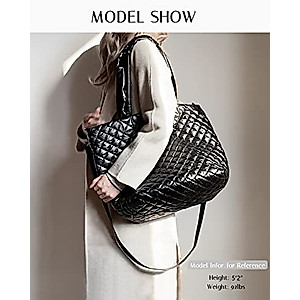 Hsitandy Quilted Tote Bag for Women,Weekender Bag,Light Nylon Quilted Crossbody Shoulder Bag for Travel,Work(Black)