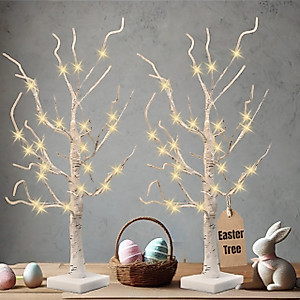Easter Tree Lighted Birch Tree with Led Lights | USB/Battery Operated | Easter Egg Tree Tabletop Decorations, 2FT 24 LEDs Warm White Lighted Trees for Decoration Inside 2Pk