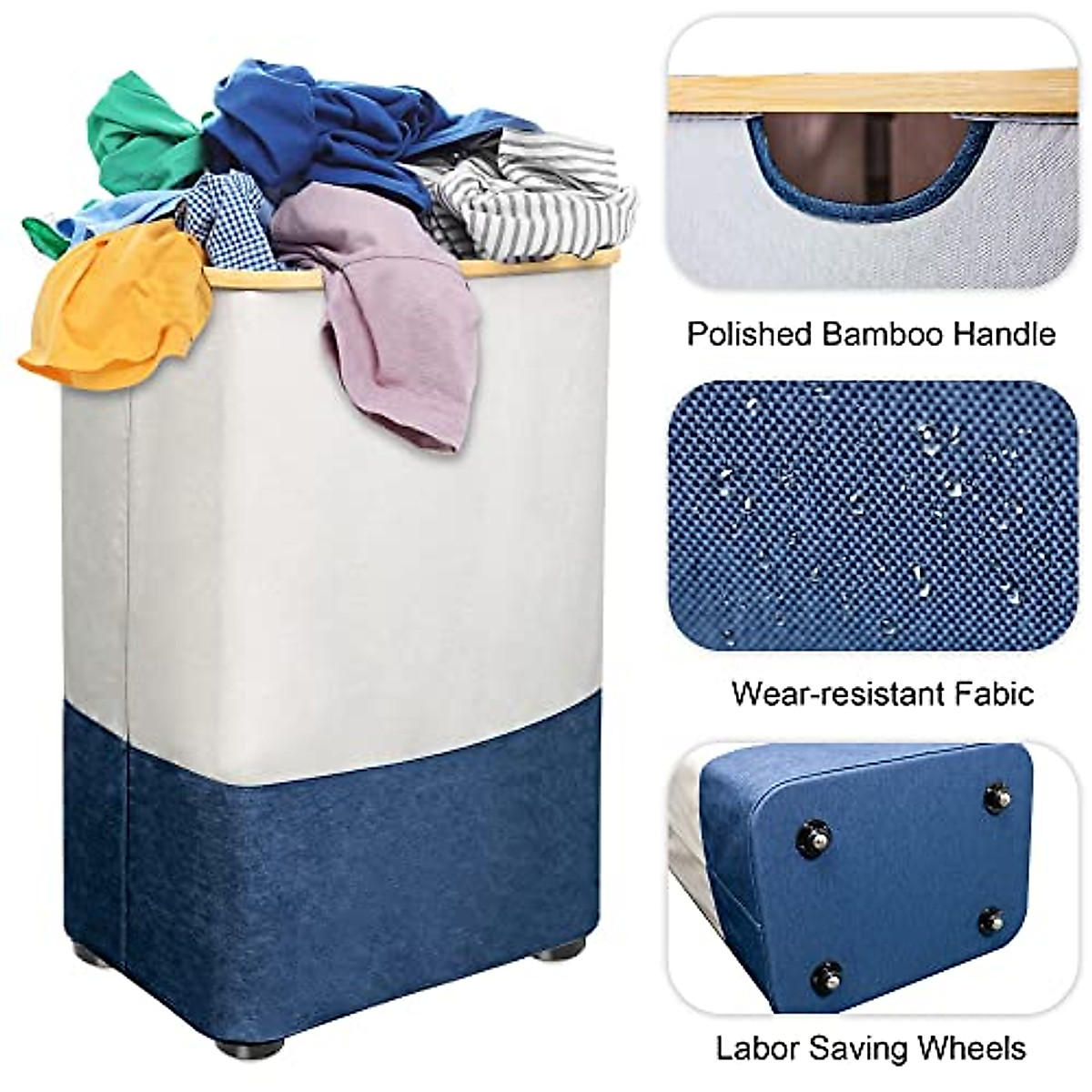 Large Laundry Hamper with Wheels - 105L Collapsible Waterproof Laundry Hamper with Lid and Removable Mesh Bag, Large laundry hamper for dirty clothes, Toys Storage Hamper (blue)