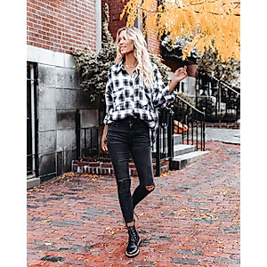 Paintcolors Women's Plaid Button Down Shirts Long Sleeve Blouses Flannel Oversized Tunic Tops with Pockets - Black-White XL