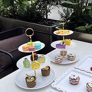 RAUVOLFIA 2 Pack Small Dessert Cupcake Stand, 3 Tier Cup Cake Holder Tower for Tea Party/Birthday/Wedding, Plastic Tiered Serving Tray (Gold Metal Rod)