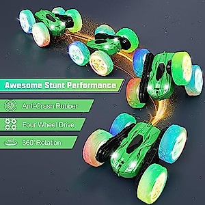28℃ Remote Control Car, RC Cars Stunt Car Toy, 4WD 2.4Ghz Double Sided 360° Rotating RC Stunt Car with Headlights Wheel Lights, RC Cars Toys Gift for Kids Boys Girls on Birthday Christmas (Green)