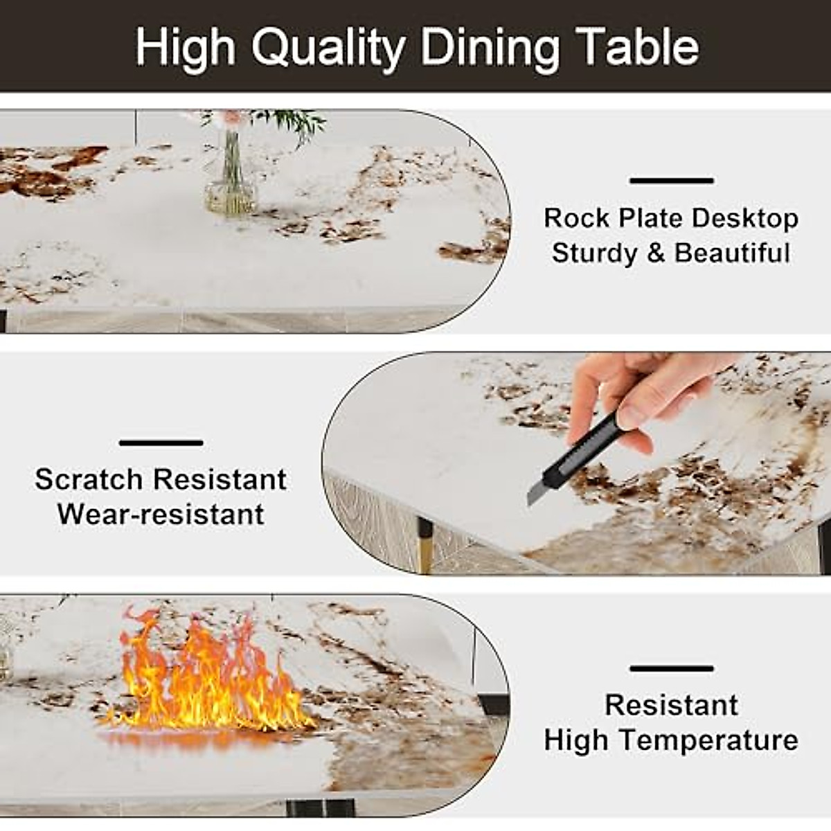 Modern Dining Table for 4, 50" Rectangular Dining Room Table with 0.47'' Sintered Stone Tabletop and Black Metal Legs, Kitchen Table for Dining Room Kitchen, Easy Assembly