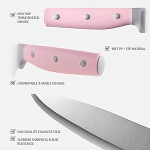 hecef Kitchen Knife Set with Magnetic Strip, 6 pcs Professional Knives Set for Kitchen, 13-inch Magnetic Strip Stainless Steel Sharp Chef Knife Set with Pink Handle for Cutting Meat & Vegetable