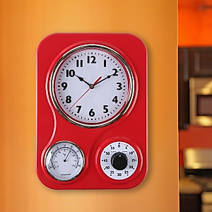 Lily's Home Retro Kitchen Clock with Temperature and Timer (Red)