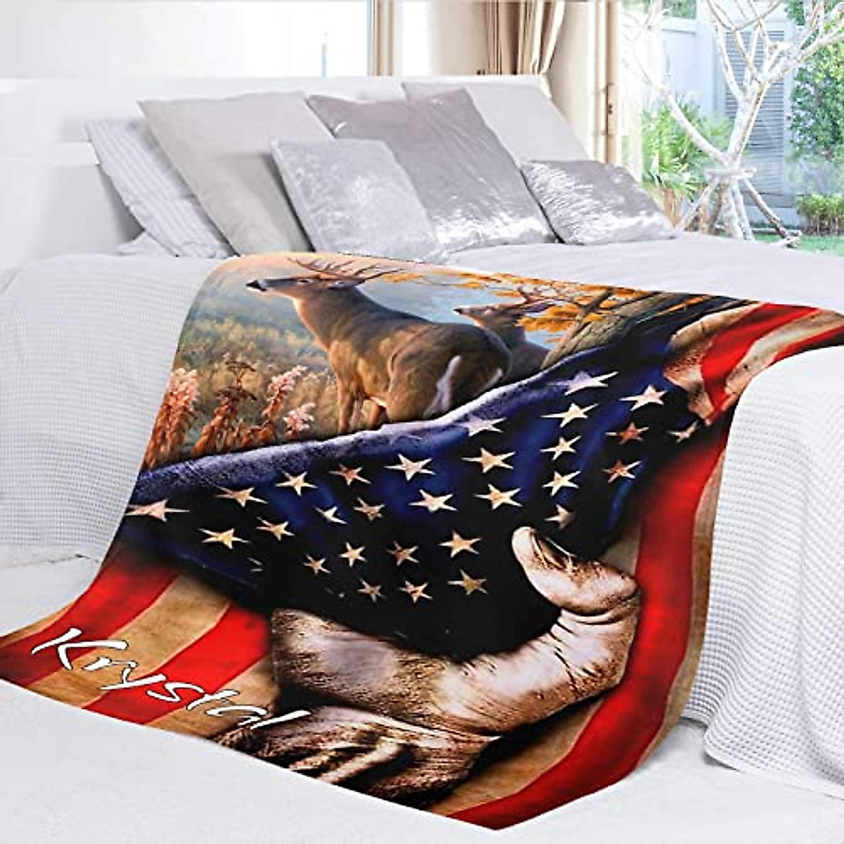 XOZOTY Personalized American Flag Deer Hunter Maple Leaf Baby Blanket with Name Text Custom Newborns Infants Swaddling Blankets for Boys &Girls Shower Birthday Gift 30 X 40 inches