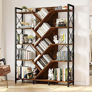 YITAHOME Industrial Tree Bookshelf, Large 5 Tier Bookcase Tall Standing Book Shelves Organizer Display Rack for Bedroom Living Room Office, Rustic Brown