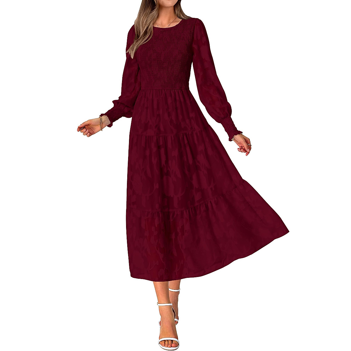BTFBM Casual Women's 2025 Fall Dresses Elegant Wedding Guest Dress Long Sleeve Floral Midi Dress Flowy Bohemian Long Dress(Wine Red,Large)
