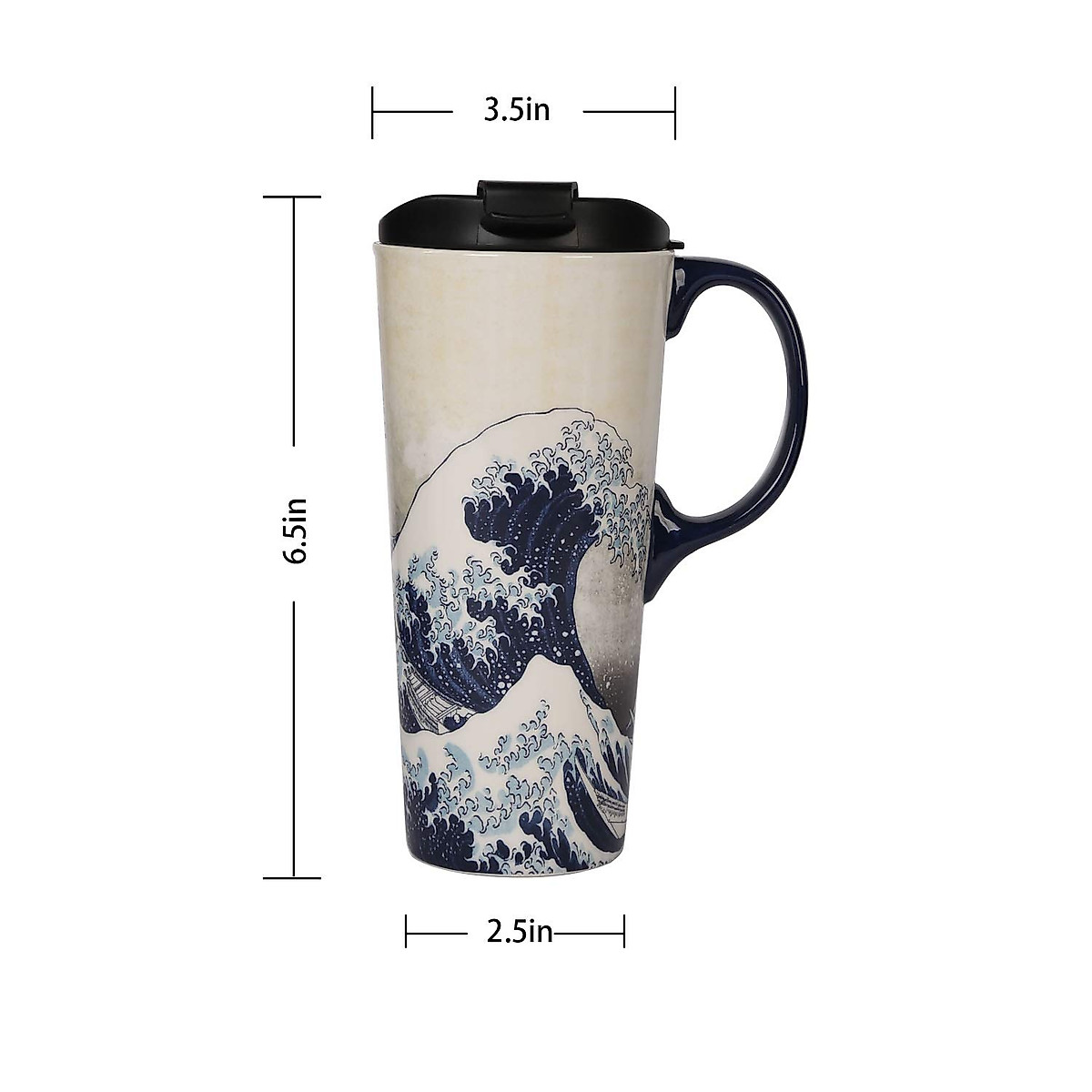 Topadorn Ceramic Coffee Mug Travel Cup Gift with Lid 17oz., Porcelain Tall Tea Cup with Handle for Home & Office, Wave Art Pattern Mug with Gift Box, 6.5''H