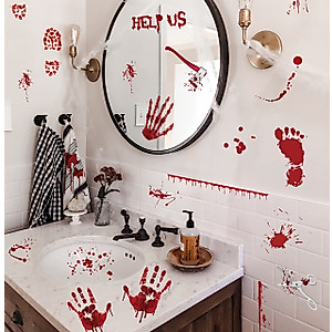173PCS Halloween Bloody Footprints Floor Clings Plus Tattoos - Hallowmas Handprint Zombie Restroom Sign Decals Party Decorations