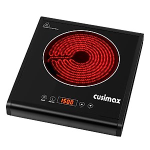 CUSIMAX 1500W Hot Plate Electric Stove with LED Display, Portable Infrared Electric Burner Ceramic Cooktop, Adjustable 15 Power and Time 2h, Compatible with All Cookware