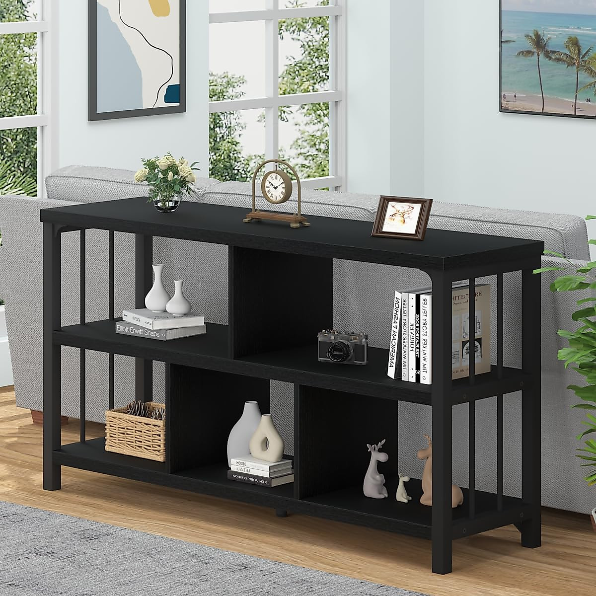 IBF Horizontal Cube Book shelf, Industrial Modern Open Bookshelf, Low Wide Home 5 Cube Storage Organizer Long Shelf for Bedroom, Short Wood and Metal Cubby Book Shelf for Living Room, Black Oak, 47 In