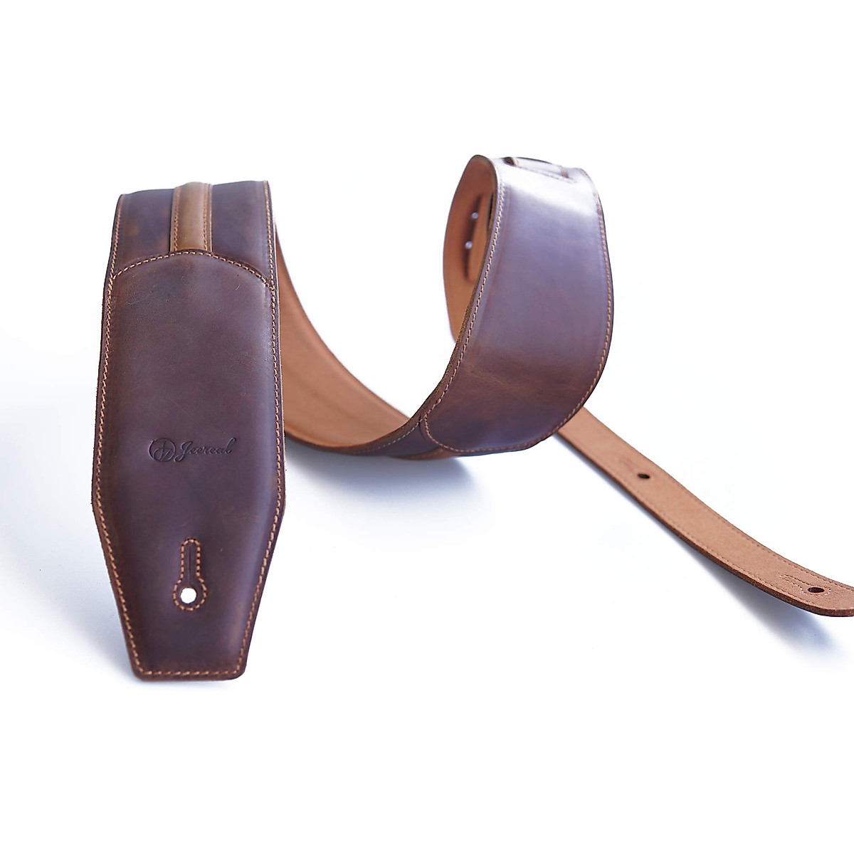 Jeereal Full Grain Genuine Padded Soft Leather Guitar Strap (3.0inches Width) for Electric, Acoustic, and Bass Guitars (Red Brown)
