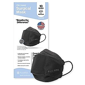 PURE-MSK Trifold Disposable Mask - Made in the USA - Light Weight Easy Breathing Material - Adult Size - 10 Pack - Black