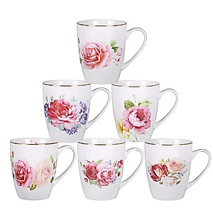 Asmwo Porcelain Floral Tea Cup Set Rose Peony Cups Coffee mugs for Women Latte Cups Set of 6