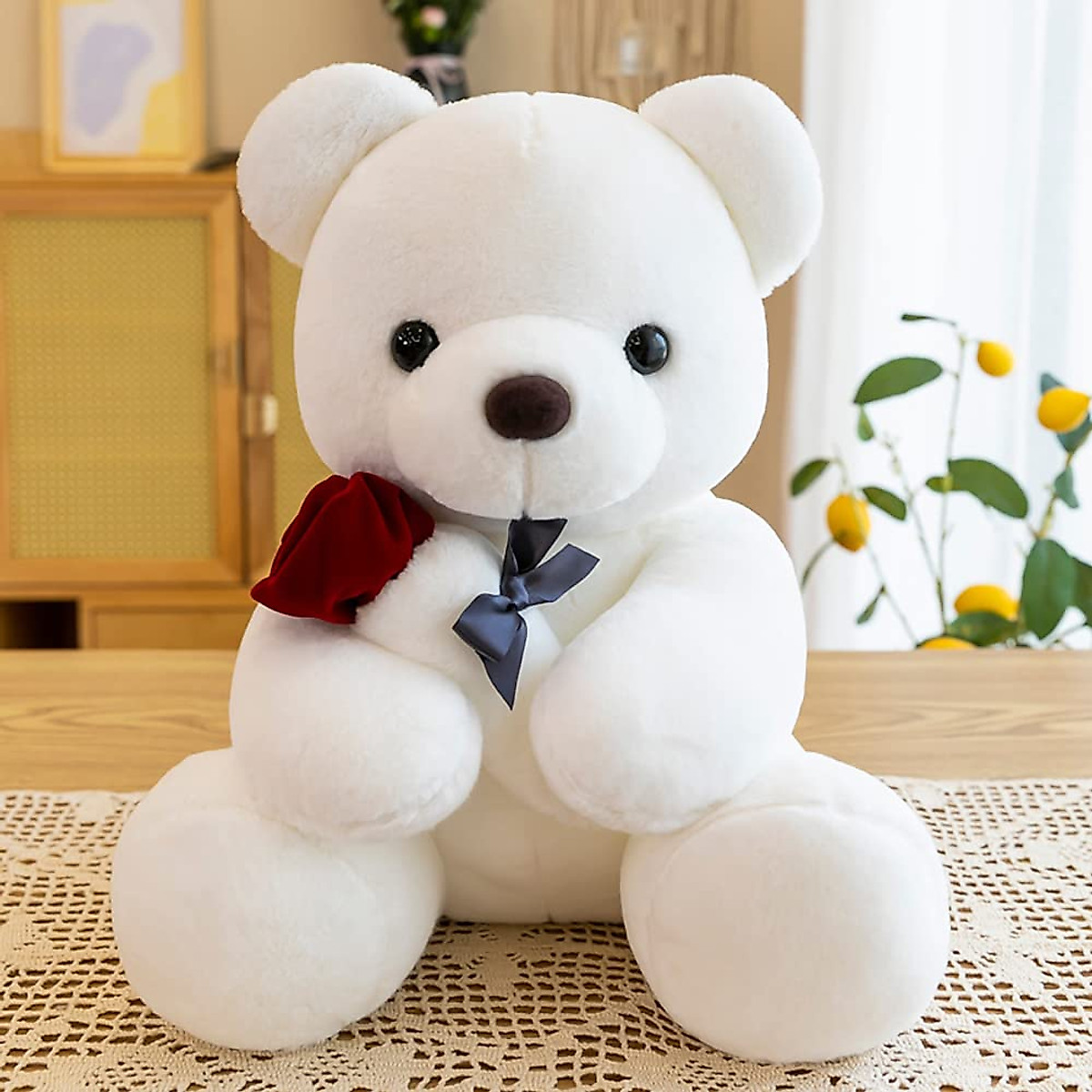 9.8'' Teddy Bear with Rose, Soft Plush Bear Doll Stuffed Animal Toys Valentines Day Decor Gifts for Her/Girlfriend Lover Mom Kids (White)