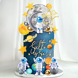 34 PCS Space Cake Toppers Outer Space Astronaut Figurines Planet Satellite Balls and Stars Kids Space Theme Decorations for Birthday Party Supplies Baby Shower (Planet)