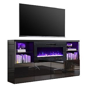 LUXOAK Fireplace TV Stand for TVs up to 75", Modern High Gloss Entertainment Center with 40" Fireplace, 4 Shelves & Storage Cabinets, Media Console Table 68 Inches, Black