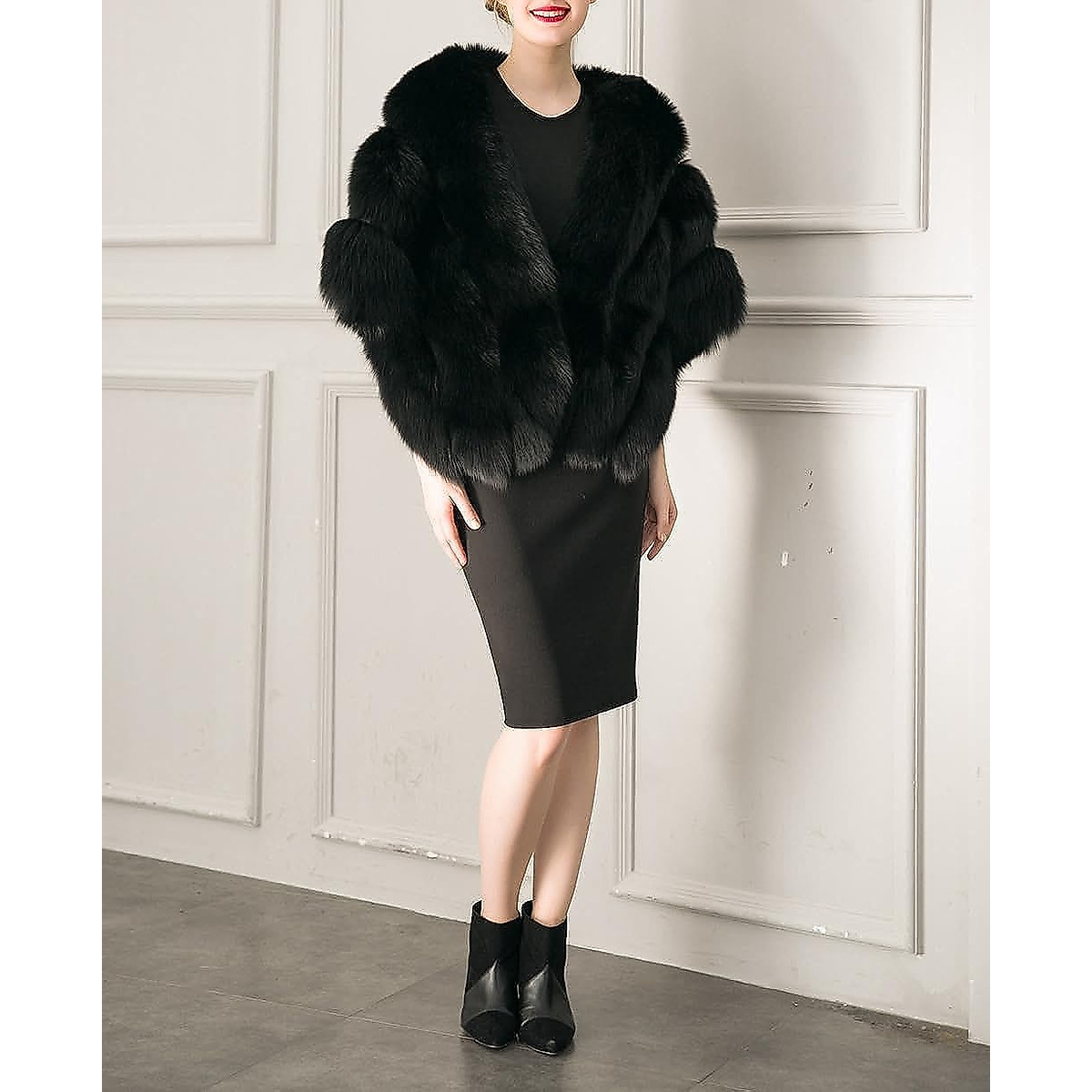 UMREN Women's Luxury Party Faux Fox Fur Long Shawl Cloak Cape for Winter Black A