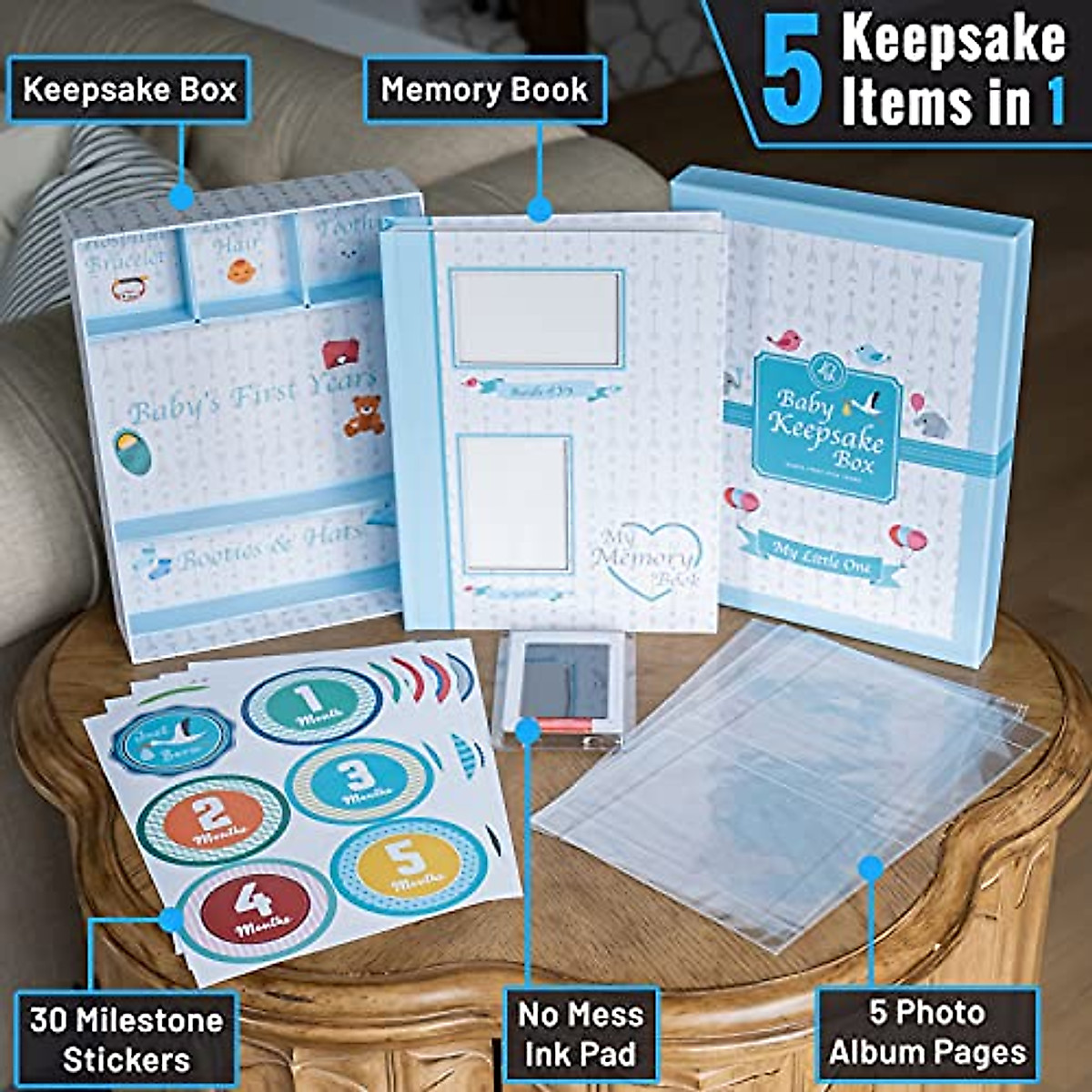 Little Growers Baby Memory Book WITH Keepsake Box, Baby Milestone Stickers AND Baby Footprint Kit - First 5 Years New Baby Scrapbook AND Photo Album, 5 Baby Shower Gifts in 1, for Newborn Boy