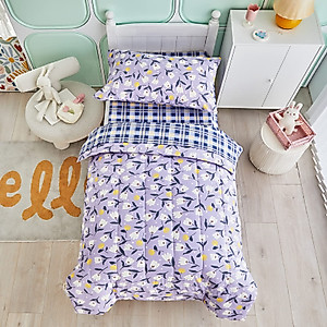 100% Cotton 4 Pieces Purple Floral Toddler Bedding Set with Yellow and White Flowers Includes Adorable Quilted Purple Comforter, Plaid Fitted Sheet, Top Sheet, and Pillow Case for Boys Girls