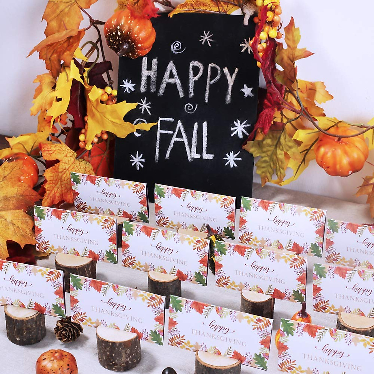 100 Pcs Autumn Thanksgiving Place Cards Fall Leave Escort Cards with Floral Leaf Prints Table Guest Seating Name Cards Number Cards Buffet Food Cards 3.5" x 2" for Harvest Party Table Setting
