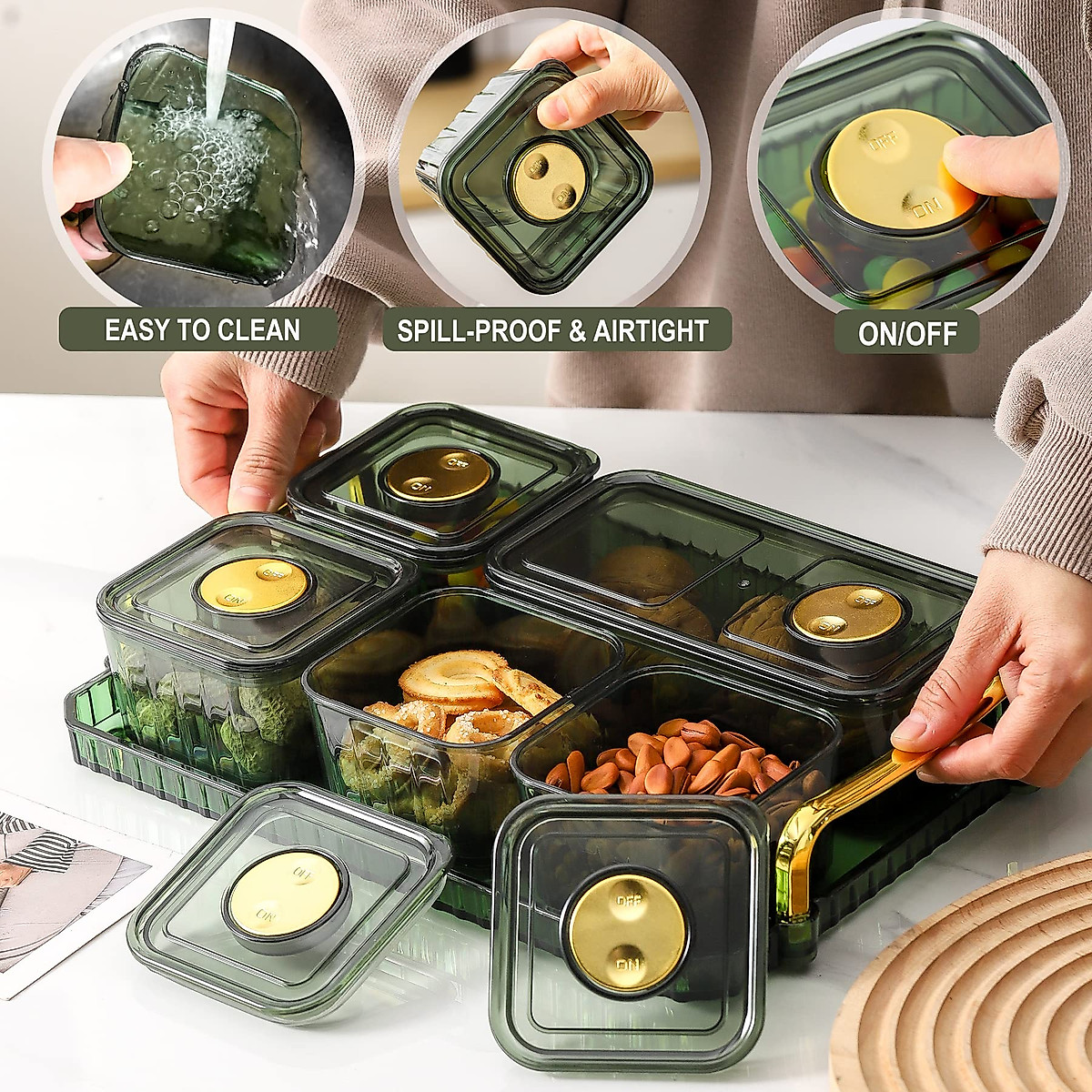 BFU split sealed snack box, covered dried fruit tray, Candy food storage box, split tray, 5 independent snack boxes, cooked food containers, 12 inches