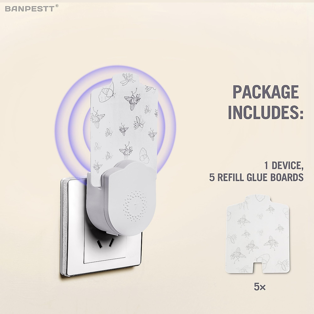 BANPESTT Indoor Flying Insect Trap, Gnat Trap, Mosquito Trap, Moth Trap, Fruit Fly Traps for Indoors(1 Plug-in Base + 5 Refill Glue Boards)