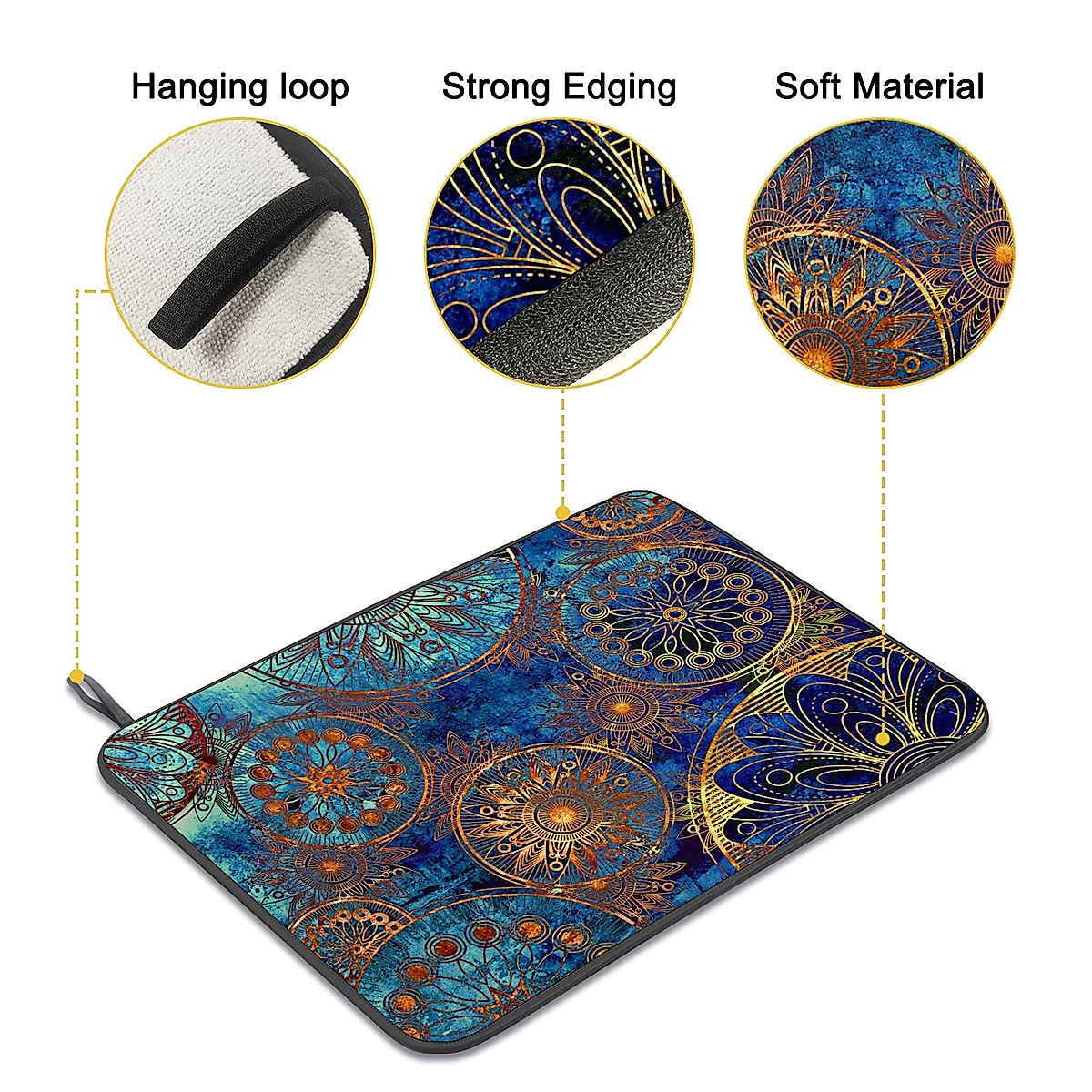 GIPOUTY Dish Drying Mat for Kitchen Counter, Golden Blue Mandala Bohemian Absorbent Microfiber Dish Draining Mat Extra Large 24×18in Protector Pad Heat-resistant