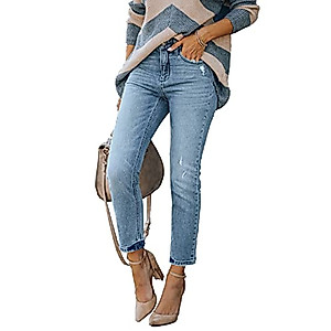 Lesore Womens High Waist Washed Raw Hem Boyfriend Ripped Distressed Destroyed Straight Leg Cropped Jeans Denim Pants Pockets Blue 29