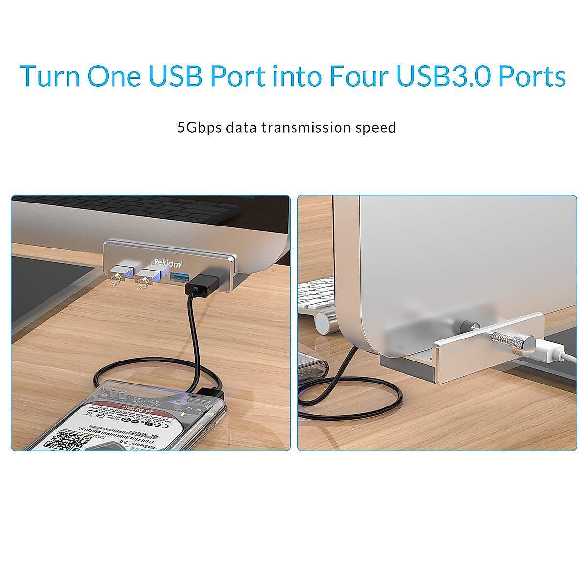 USB Hub 3.0 - Rekidm 4 Port Aluminum Desk USB Hub 3.0 Clamp Design for Desktop, Computer, PC, Table Edge with Durable Adjustable Clip, Space-saving Mountable USB Hub Fast Speed Transfer