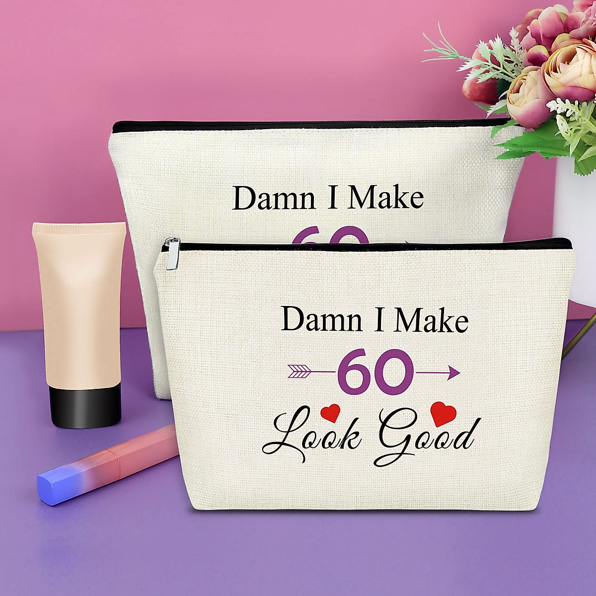 60th Birthday Gifts for Sister 2PCS Funny 60th Birthday Gifts Makeup Bag 60 Year Old Gifts for Women Bag 60 Birthday Party Theme Cosmetic Bag Sixty Birthday Decorations for Grandmother Wife Aunt