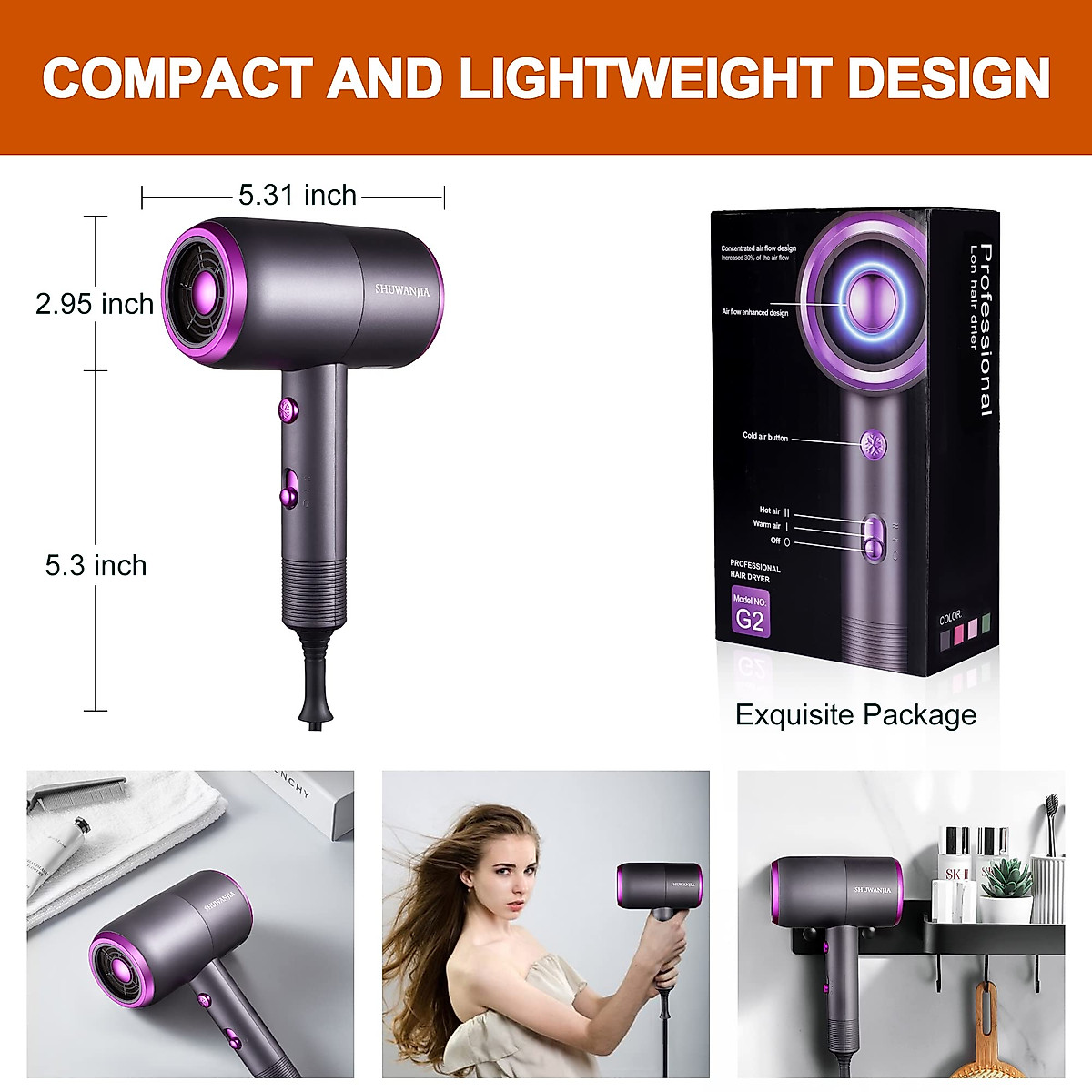 SHUWANJIA Ionic Hair Dryer, Grey, 1800W, 3 Heating, 2 Speed, Cooling, Thermostat, Safety, Negative Ions, Ceramic, Corded Electric