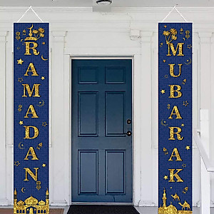 HONGFENG Ramadan Mubarak Porch Sign,Eid Mubarak Banner Indoor Outdoor Front Door Hanging Sign for Ramadan Mubarak Party Decoration (Purple)