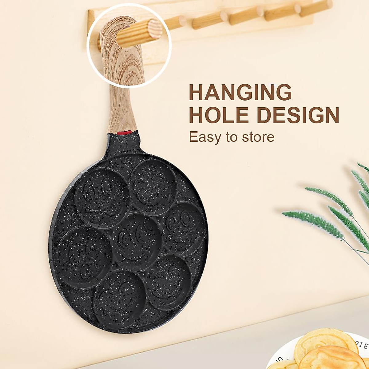 Bobikuke Nonstick Pancake Pan, Smiley Face Pancake Frying Pan, 7 Holes Mini Pancake Maker for Kids 10.4 in, Gas only - Black