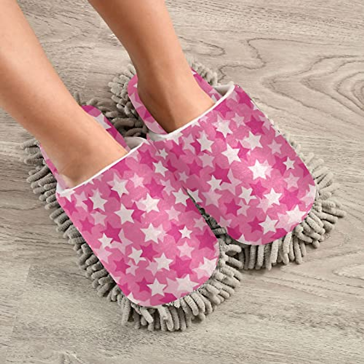 Kigai Microfiber Cleaning Slippers Pink Stars Washable Mop Shoes Slipper for Men/Women House Floor Dust Cleaner, Size L