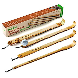 BambooWorx Traditional Bamboo Wooden Back Scratcher - 4 Piece Body Relaxation Massager Set for Men & Women - 17.5" Long Handle, Strong and Sturdy Itching Relief Back Scratchers - 100% Natural Wood