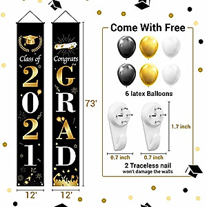 Graduation Decorations-2021,Graduation Decoration Hanging Banner Home Door Porch , Welcome Home Decor Sign,Congrats Graduation Party Supplies Hanging Gold Black And White Banner